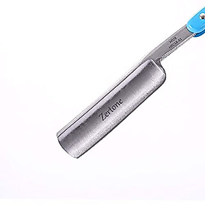 Zertone Straight Razor Kit with Hair Brush and Leather Strop, Straight Edge Razor with Carbon Steel Cutthroat Blade, Barber Razor (Blue)