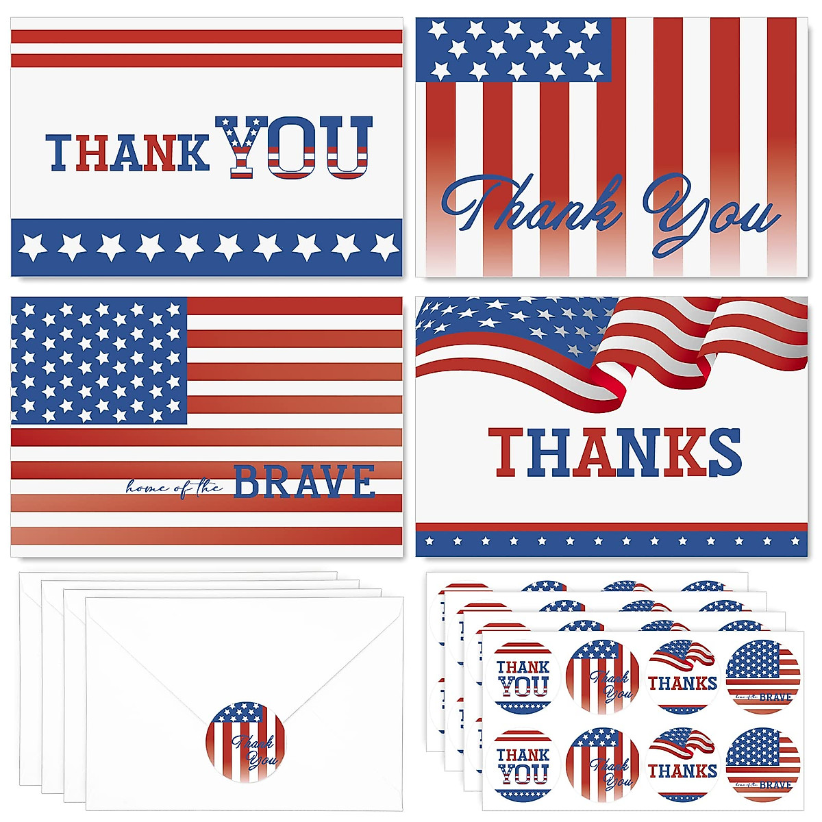 AnyDesign 32 Pack Patriotic Thank You Cards American Flag Stars Stripes Thank You Note Cards with Envelopes Stickers 4th of July Blank Greeting Cards for Independence Day Memorial Day Supplies