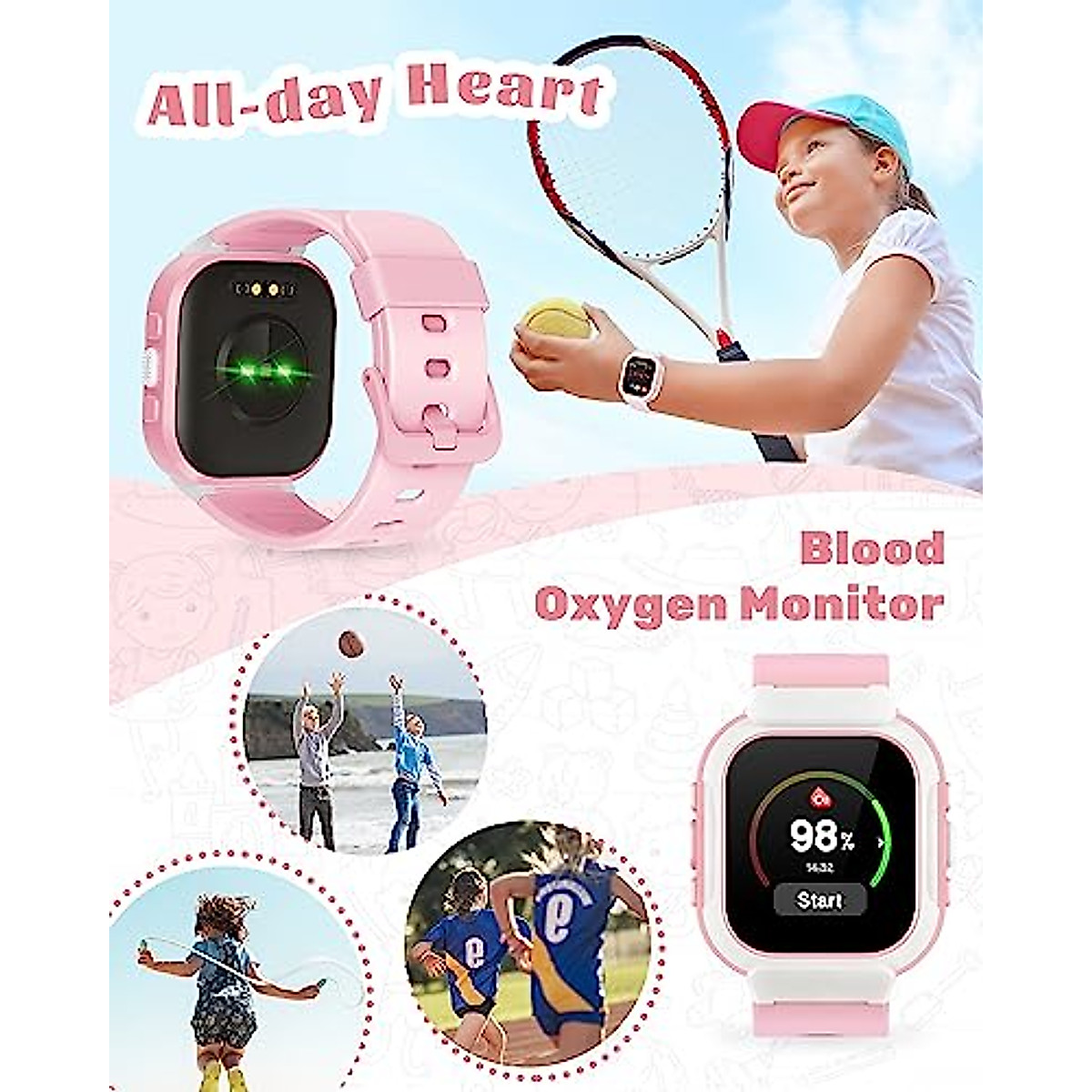 Cloudpoem Smart Watch for Kids Girls Boys, Kids Watch Fitness Tracker Watch with Pedometer Heart Rate Monitor Sleep Tracker Alarm Clocks Puzzle Games Calculator IP68 Waterproof, Kids Gift Pink