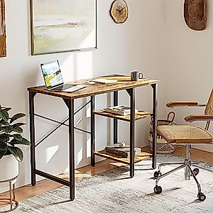 BANTI Small Computer Desk, 35 Inch Home Office Desk with 2Storage Shelves on Left or Right Side, Study Writing Desk with Storage Bag, Rustic Brown