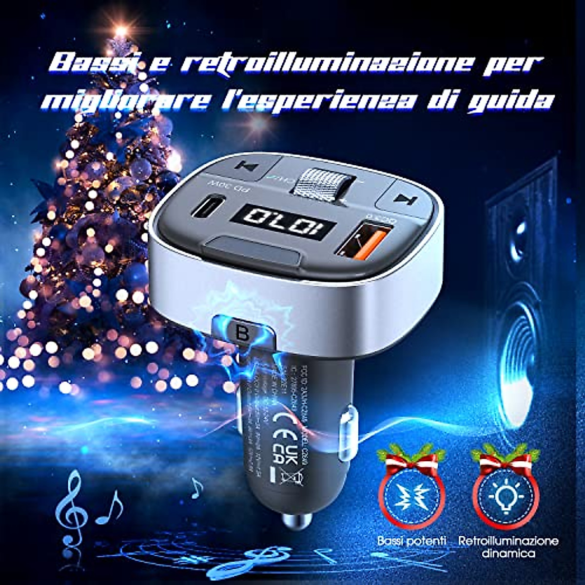 Octeso New Roller FM Transmitter for Car, Wireless FM Radio Adapter/ Music Player/ Car Kit with PD30W & QC3.0 Quick Charging, Bass Music, Ring Backlit, Hands-Free Calls