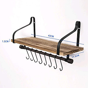 fengshuisale Storage Shelf with 8 Removable Hooks Floating Wall Shelf Rustic Wood Storage Rack for Bedroom Bathroom W4407