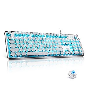 Alkem Mechanical Gaming Keyboard with 30 LED Backlits White Retro Typewriter Keyboard Full-Size 104 Keys USB Wired Retro Steampunk Keyboard Blue Switch Ergonomic Keyboard Metal Panel (Silver)