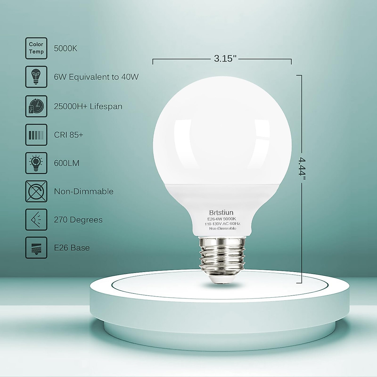 Brtstiun G25 LED Light Bulbs, Round Vanity Light Bulbs for Bathroom, 40W LED Light Bulbs Equivalent, Daylight White 5000K, Globe Light Bulbs E26 Base, 600LM, Non-Dimmable, 4-Pack