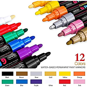 Emooqi Acrylic Paint Pens, Set of 12 Pcs Paint Markers Pens for Rocks, Craft, Ceramic, Glass, Wood, Fabric, Canvas -Art Crafting Supplies