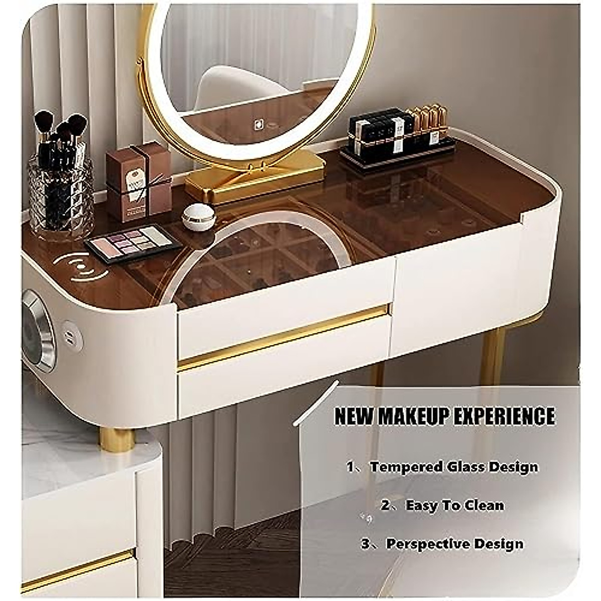 ZGNBSD Vanity Set - Makeup Vanity Table with Charging Station & Bluetooth Speaker, 9 Drawers Smart Vanity, Contains Acrylic Makeup Chair and Smart Makeup Mirror, Suitable for Her