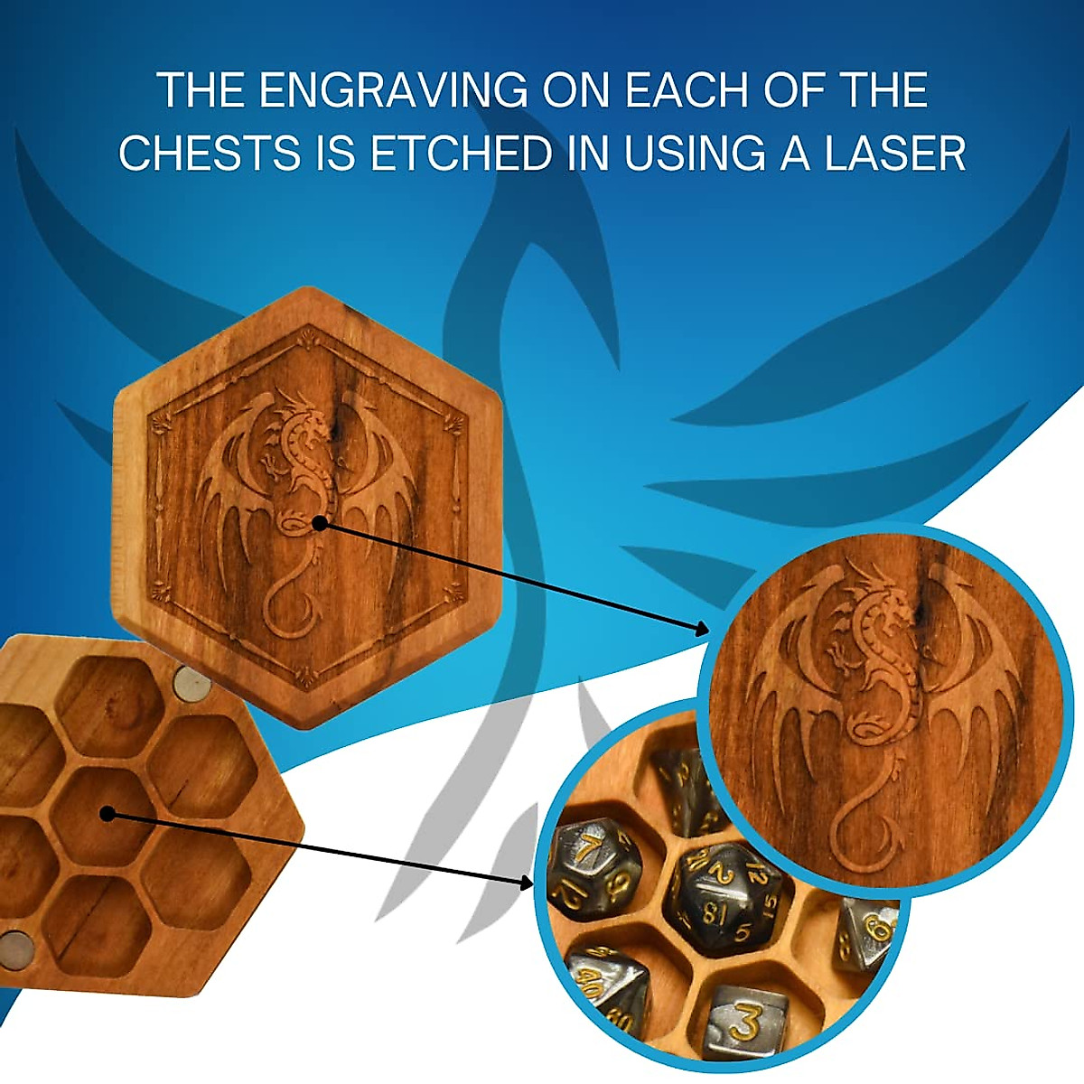 Elderwood Academy Keychain Hex Dice Wood Chest with Magnetic Lid - Perfect for DnD, Magic the Gathering Dice Counters and Any Other Tabletop Games (Mini-Cherry/Dragon)