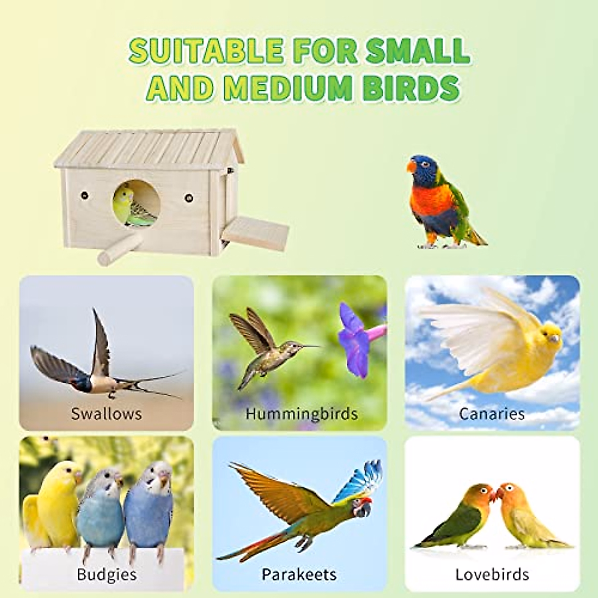 HiCaptain Large Parakeet Nesting Box, Natural Wood Bird Breeding Nest Box for Cockatiel, Lovebird, Budgie, Parrot and Small to Medium Birds (9.2"x6.5"x6.9")- Large
