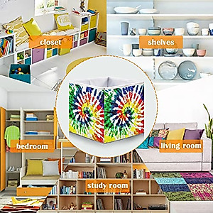 CaTaKu Rainbow Tie Dye Cubes Storage Bins 11 inch Collapsible Fabric Storage Baskets Shelves Organizer Foldable Decorative Bedroom Storage Boxes for Organizing Home