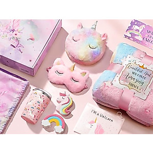 Tiblue Unicorn Toys for Girls Age 4-6, Preschool Kindergarten Back to School Gift Unicorn Birthday Gifts for 4 5 6 7 8 9 10 11 12 Year Old Toddler Teen Girl with Glow in The Dark Blanket Cup Bag Purse