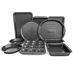 Giantex 10-Piece Nonstick Bakeware Set, Round and Square Baking Pans, Baking Sheets, Chip and Pizza Pan, Crisper Pan, Roasting Trays, 12-Cup Muffin and Loaf Pans, Cookie Sheet, Steel Baking Set