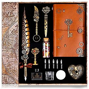 NC Feather Pen Ink Set, Includes Quill Pen,Notebook,5 Replaceable Nibs,Stamp,Spoon,Wax Beads,White Wax, Ink,Pen Holder, Cup,Envelope,Letter Paper, Etc.Gift Selection Calligraphy Pen Set.