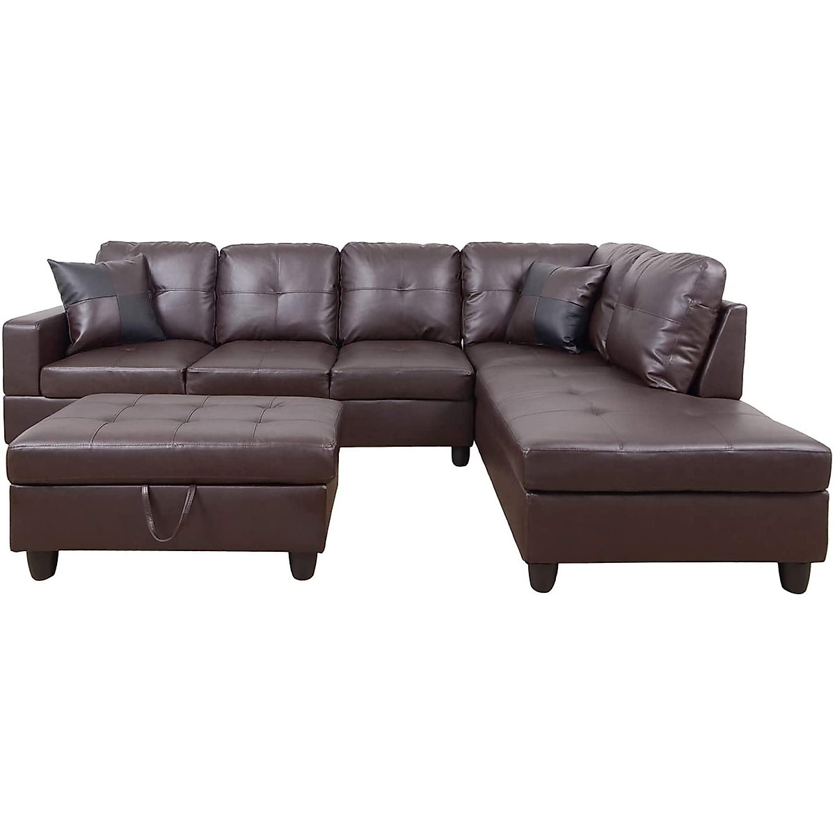 A Ainehome Sectional Sofa Faux Leather Modern L Shaped Couch Set 103.5”Wide Including Chaise and 3 Seating Sofa with Storage Ottoman for Living Room Furniture (Right Hand Facing, B-Brown)