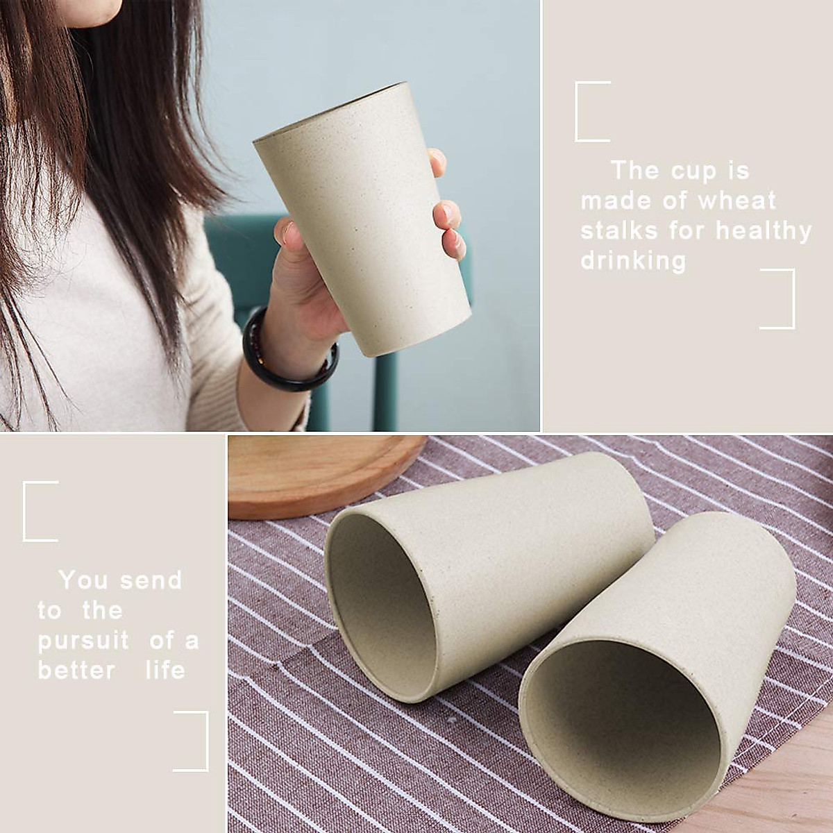 Roucerlin 4 Pack 20 OZ Wheat Cup, Unbreakable Reusable Wheat Straw Drinking Cup, Coffee, Tea, Water, Beer, Milk, Juice Cup, Stackable Travel Cup (Beige)