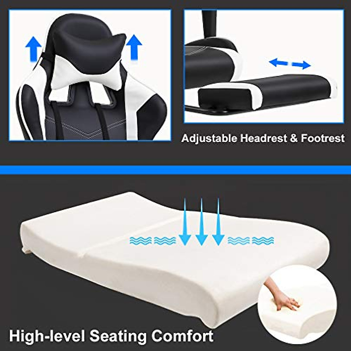 BestOffice Racing Office Ergonomic Desk Massage PU Leather Recliner Computer Lumbar Support Headrest Armrest Footrest Rolling Swivel Task Chair for, Adults, White