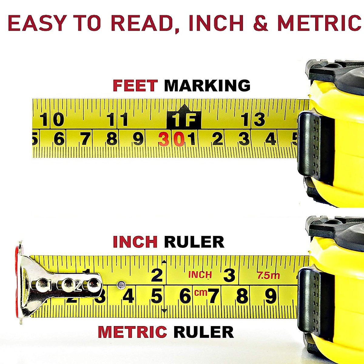 Zabiki Measuring Tape Measure, 25 Ft Easy to Read Decimal Retractable Dual Side Ruler with Metric and Inches, for Surveyors, Engineers and Electricians, with Magnetic Tip and Rubber Protective Casing