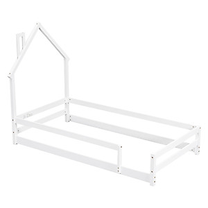Dolonm Twin Size Montessori Toddler Floor Bed Frame, Modern House-Shaped Frame Headboard Bed with Fences, Pine Wood with Full-Length Guardrails, Bed for Girls Boys(Without Slats), White