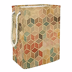 Laundry Basket With Handles Waterproof Collapsible Laundry Hamper For Storage Bins Kids Room Home Organizer Vintage 3D Geometric Square Pattern