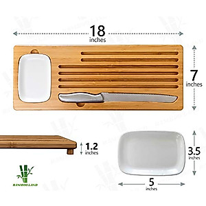 Bamboo Land- Bamboo Sweep Off Baguette Board with Bread Crumb Catcher and Ceramic Dipping Dish, 18” x 7”, Bread Cutting Board with Crumb Catcher, Board for Cutting Bread, Bread Cutter Knife