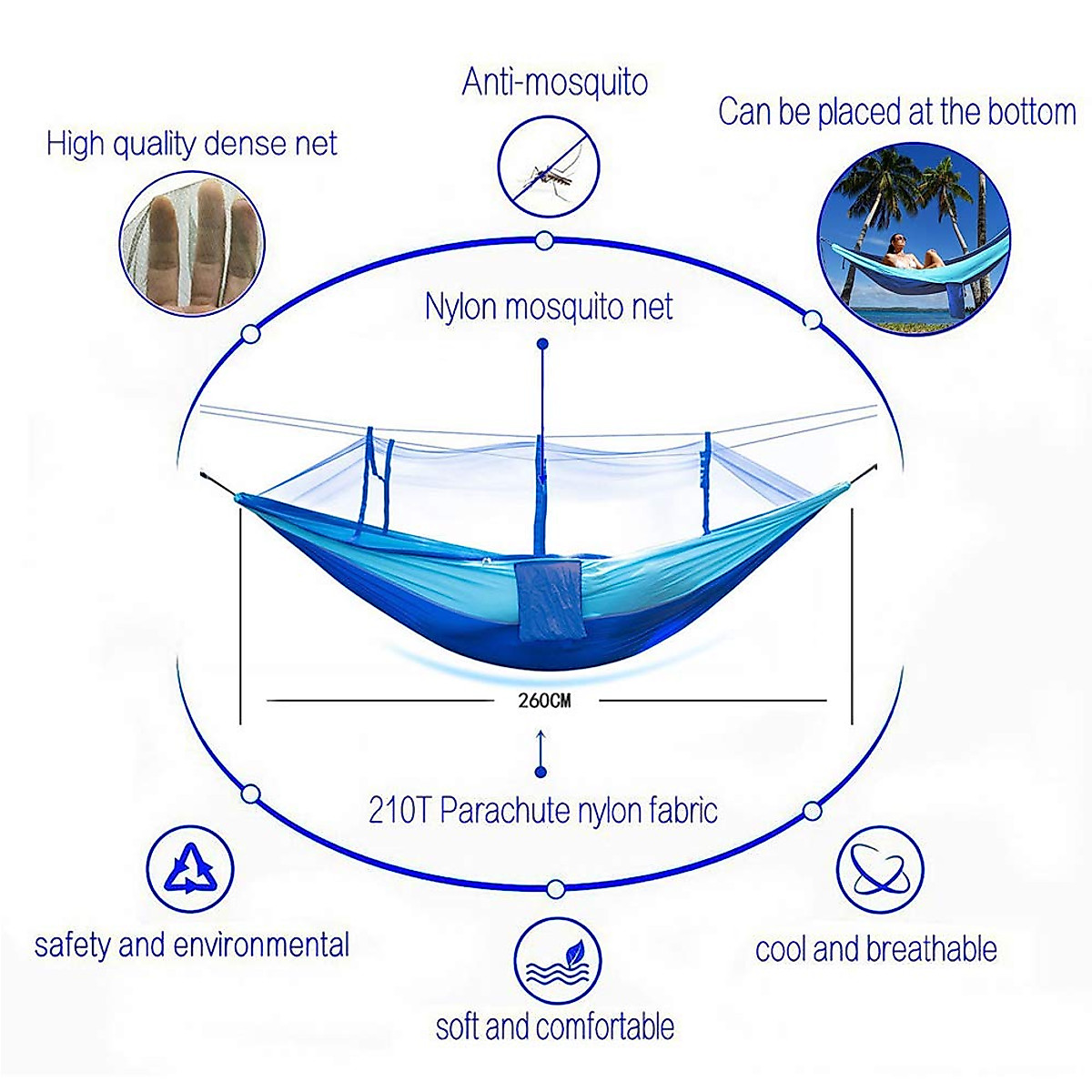 Single & Double Camping Hammock with Mosquito/Bug Net, Outdoor Portable Parachute Nylon Hammock with Tree Straps, Lightweight Backyard Hammock Survival Travel Bed 110" L x 59" W (Blue/Sky Blue)