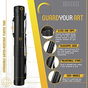 Flexzion Poster, Art, Document Tube with Strap, Expandable Waterproof Plastic Container, Telescoping Cylindrical Storage Case, Portable Paper Holder for Draft Sketch Blueprint, 3.5 I.D. x 30-54