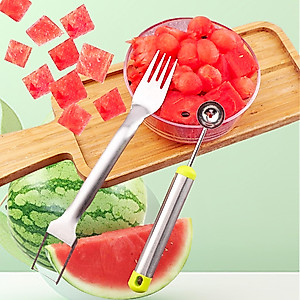 ZLMC 2-in-1 Watermelon Fork Slicer,Portable Stainless steel Watermelon Slicer with Melon Baller Scoop Extra,Dual Head Stainless Steel Fruit Forks Slicer Knife for Family Parties Camping(3PCS)