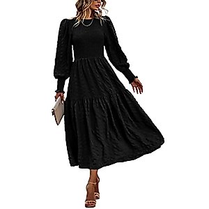 PRETTYGARDEN Women's Boho Puff Long Sleeve Crewneck Smocked Tiered Maxi Dress Solid Print Ruffle A-line Flowy Long Dress(Black,Large)