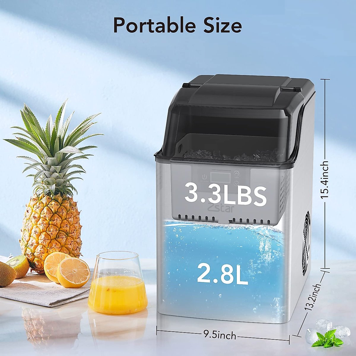 Zstar Nugget Ice Maker, Stainless Steel Countertop Ice Machine with 44Lbs/24H Output, Crunchy Sonic Ice Maker Machine, Self-Cleaning Portable Ice Maker with Freestanding Ice Scoop for Home,Office,Bar