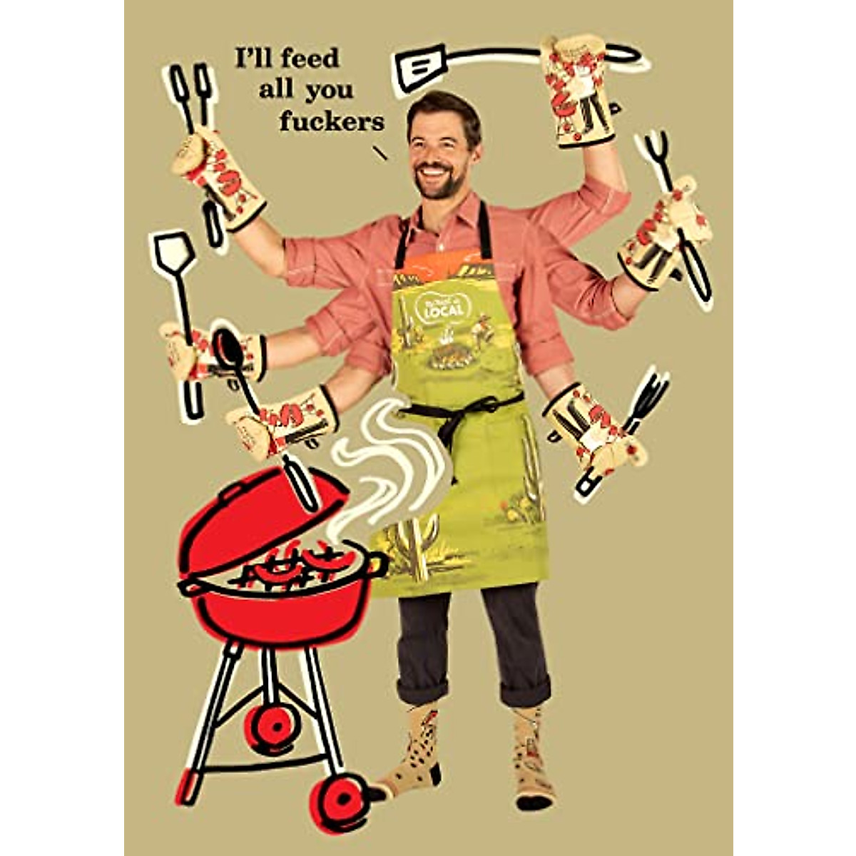 Blue Q Oven Mitt, I'll Feed All You Fuckers. Super-insulated quilting, natural-fitting shape, 100% cotton, 12.5"h x 7.5"w