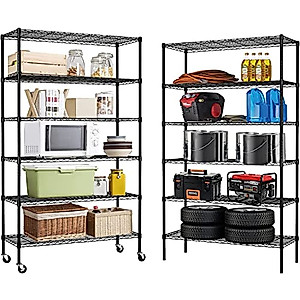 LLLstore 6-Tier Storage Metal Shelf Wire Shelving Unit 2100Lb Capacity Adjustable Heavy Duty Storage Rack with Wheels NSF Metal Shelf for Closet Kitchen Garage Basement, 82" H x 48" L x 18" D- Black