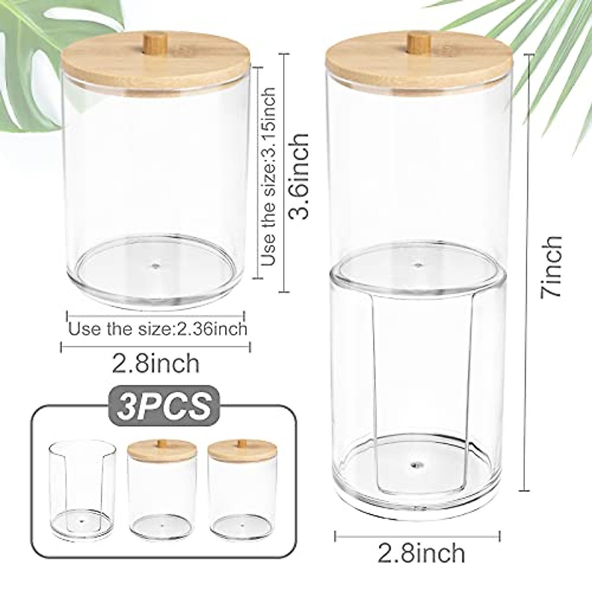 Qfeley Acrylic Q-tip Holder Dispenser with Bamboo Lid, 2 Pack Bathroom Jars Round Cotton Ball Pad Swab Holder Dispenser,Ear Stick Swabs, Toothpick Container, Round Q-tip for Bathroom Countertop