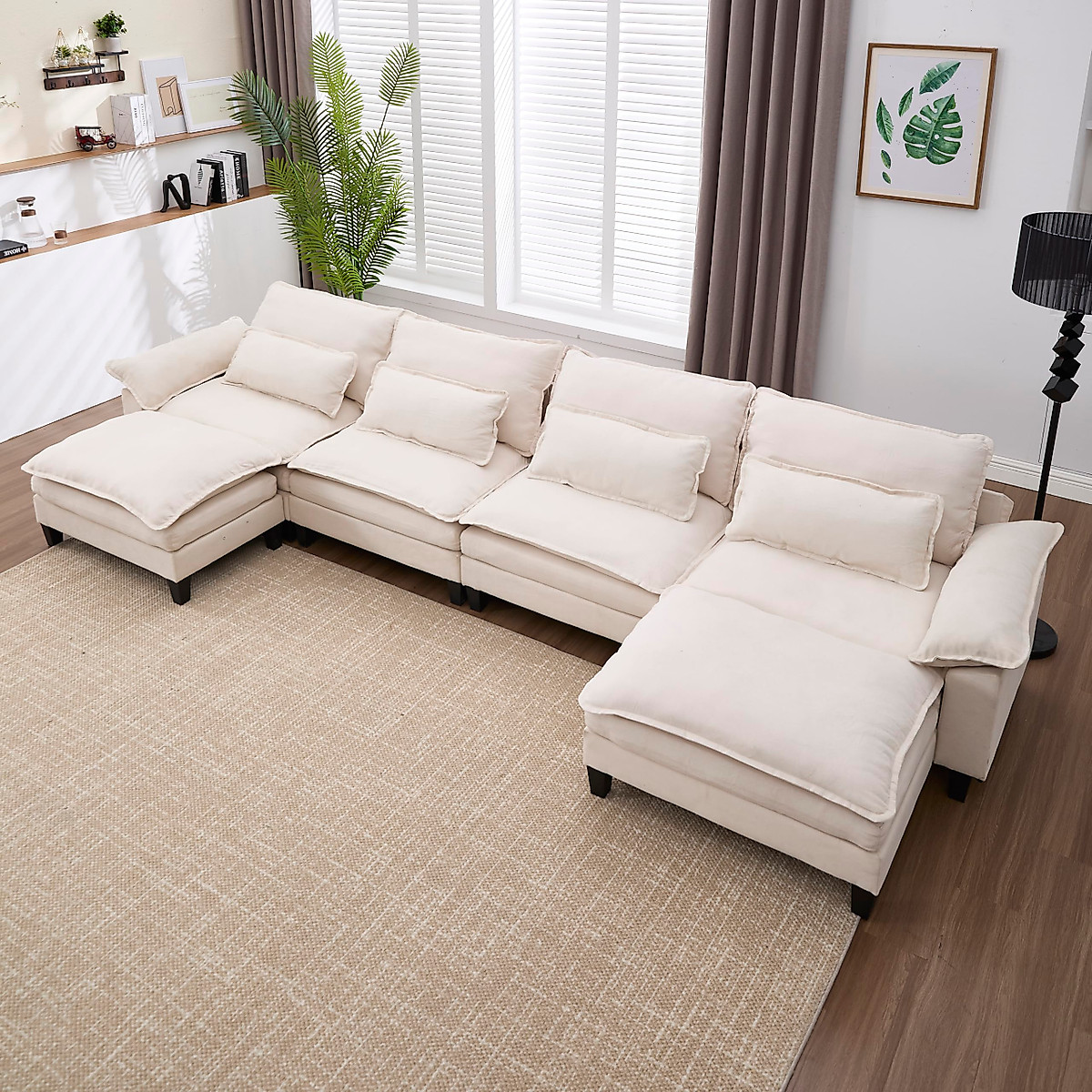 154.8" Oversized U-Shaped Cloud Couch with 2 Ottoman,Modern Large 4 Seats Modular Sectional Sofa with Reversible Chaise & Pillows,Velvet Fabric Cloud Couches for Living Room Apartment-Beige