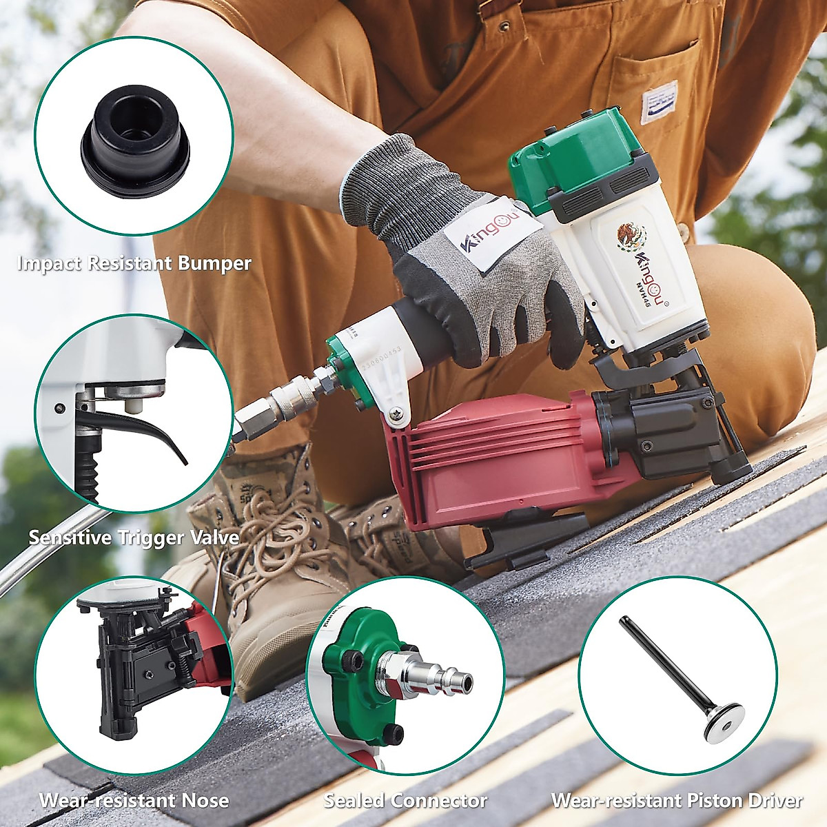 Kingou Mexican Style NVH45 Roofing Nailer Gun For Roofing Constructions Accepts 7/8-Inch to 1-3/4-Inch Nails 15 Degree With 3/8 NPT Air Connector 120-pcs Load Capacity Roofing Nailer