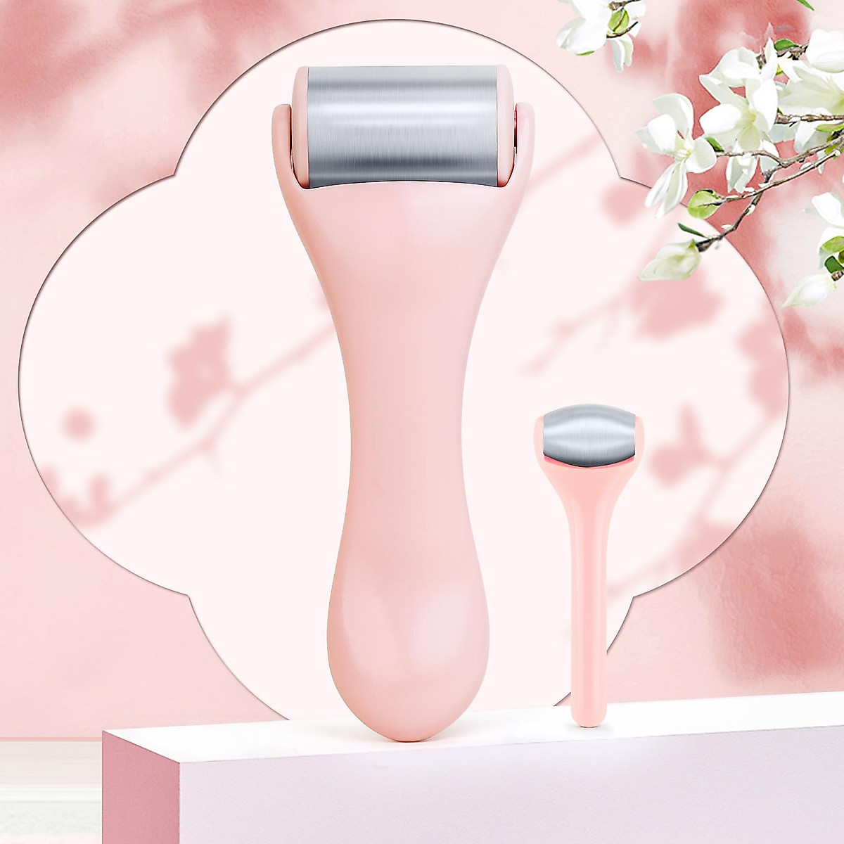 Ice Roller for Face and Eye 2 Pcs,Face Roller Skin Care for Puffiness,Migraine,Pain Relief,Eye Roller For Puffy Eyes Dark Circles,Stainless Steel Facial Roller (Pink)