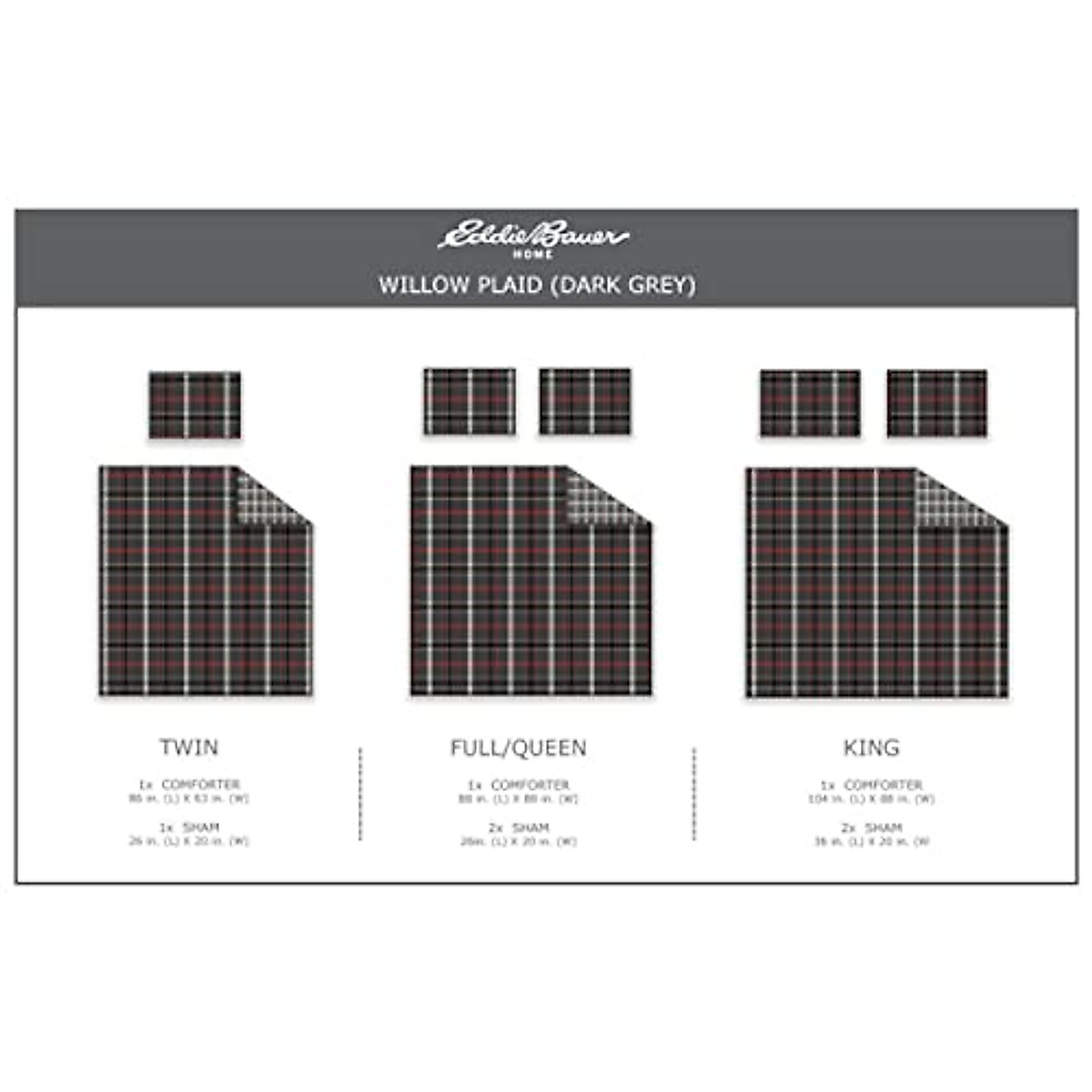 Eddie Bauer - King Comforter Set, Reversible Plaid Bedding with Matching Shams, Home Decor for Colder Months (Willow Dark Grey, King)