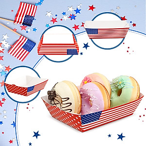 24 Pcs 4th of July Paper Food Tray American Flag Paper Food Tray Disposable Patriotic Party Decorations Red White and Blue Food Serving Trays Food Boat for Independence Day Memorial Party Supplies