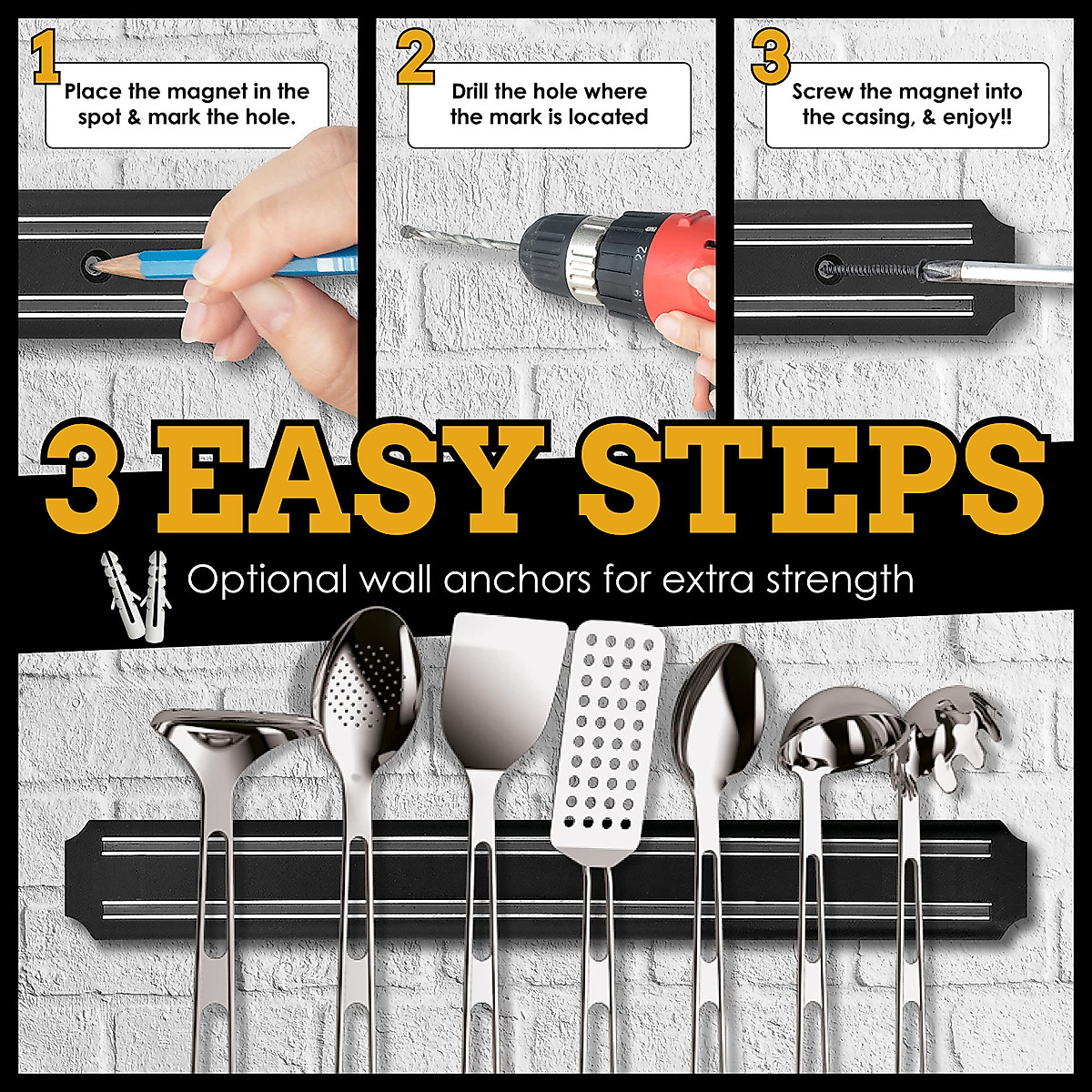 Magnetic Knife Strip for Wall - Extra-Strong Magnet Knife Holder Strip (15 Inch X Set Of 3) - Securely Holds Your Biggest Kitchen Knives - Space-Saving Magnetic Knife Holder For Wall -By SUMPRI