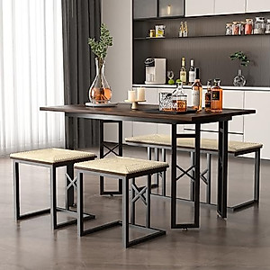 VECELO 43.3" Farmhouse Room Sets for 4 with 3 Benches WickerKnot Mats, Adjustable Feets Metal Frame Space-Saving Coffee Table for Home Kitchen Dining, Brown, 43.3in