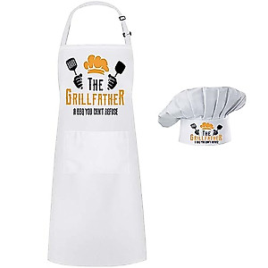 Hyzrz Chef Apron Hat Set,The Grill Father,Chef Hat and Apron Adjustable Baker Costume with Pocket Dad Apron for Kitchen Grill BBQ Men and Women Father's Gift (White)