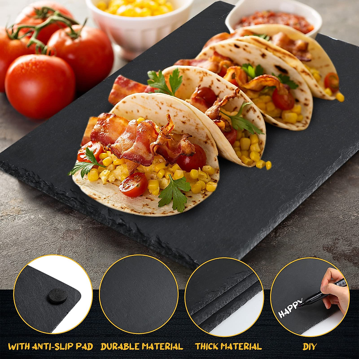 Didaey Set of 18 Slate Boards Black Slate Board Cheese Board Serving Stone Plates Sushi Slate Cheese Tray Individual Slate Platter for Christmas Chalkboard Cutting Food Cake Fruit Meat(Square)