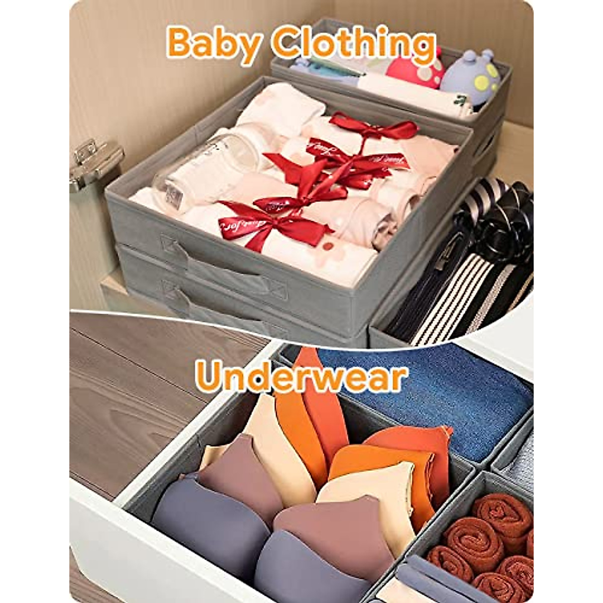 Teklar Dresser Drawer Organizers for Clothing [10 Pack] Foldable Fabric Shallow Clothes Drawer Dividers with 3.2" Height for Baby Clothes, Underwear, Sock, Bra (6 Medium + 4 Large, Grey)