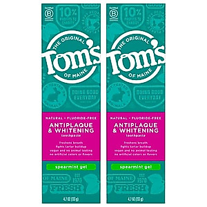Tom's of Maine Fluoride-Free Antiplaque & Whitening Natural Toothpaste Gel, Spearmint, 4.7 oz. 2-Pack (Packaging May Vary)