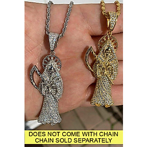 Solid 925 Sterling Silver - Large Men's Grim Reaper Death Pendant - Iced Santa Muerte Piece - Great Necklace (gold-plated-silver)