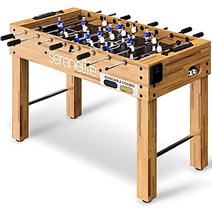 SereneLife 48in Competition Sized Foosball Table - Height Adjustable Arcade Soccer Set for Home, Game Room, Man Cave - Includes 2 Balls & 2 Fold-Out Cup Holders, Natural