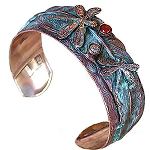 Elaine Coyne Dragonflies on Feather Wearable Art Cuff Bracelet - Semi-Precious Stones