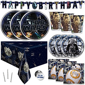 Classic Star Wars Party Supplies - Serves 16 - Birthday Table Cover, Banner Decoration, Large Dinner Plates, Small Cake Plates, Cups, Napkins, Candles, Button