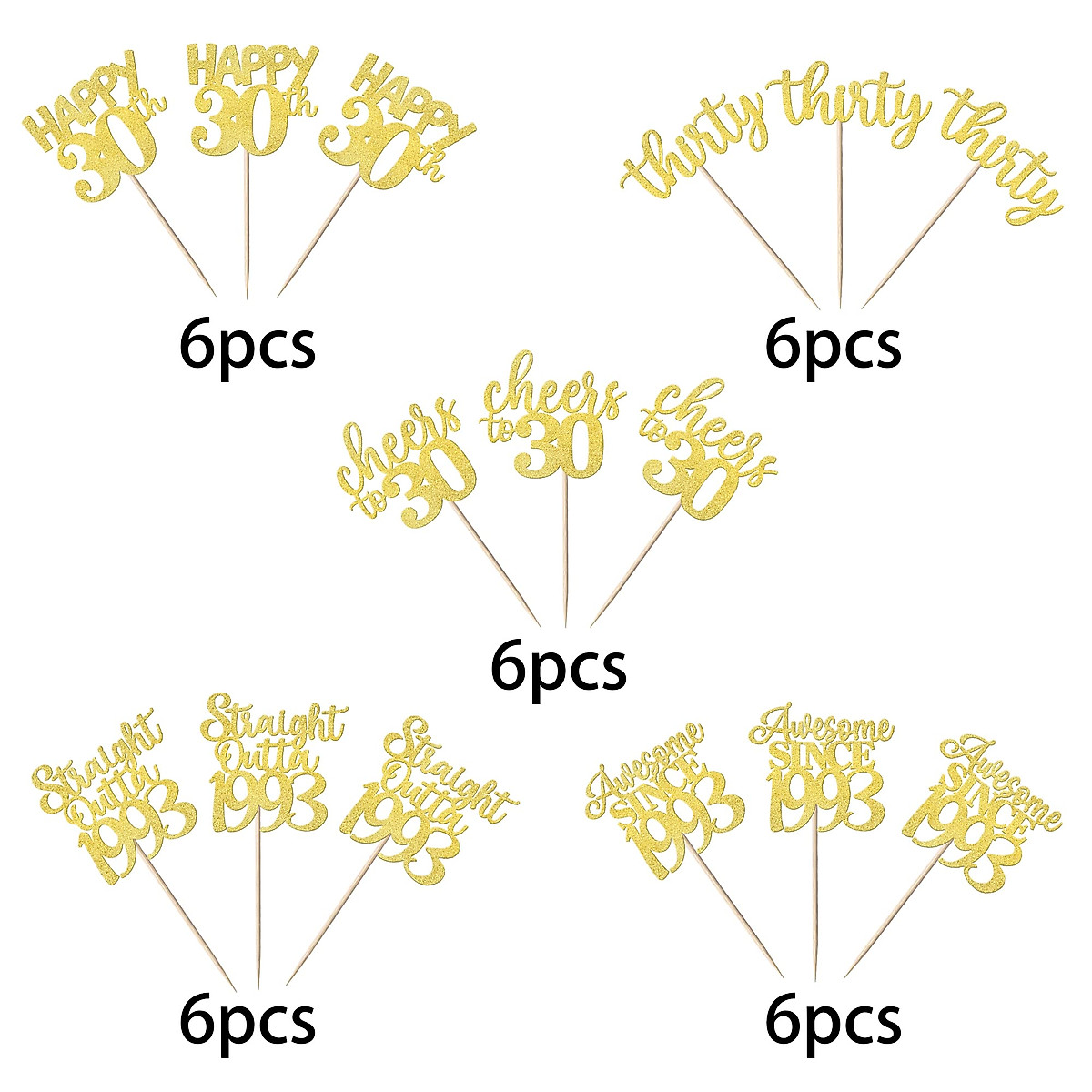 30 Pack 30th Birthday Cupcake Toppers Glitter Straight Outta 1993 Happy 30th Thirty Awesome Since 1993 Cupcake Picks 30 Fabulous Cake Decorations for 30th Birthday Wedding Anniversary Party Gold