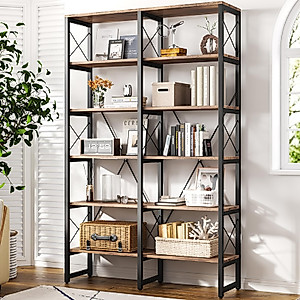 oneinmil Double Wide 6-Tier Bookshelf, Industrial Bookcases with Metal Frame, Open Large Book Shelf, Wood and Tall Display Shelves for Home and Office, Rustic Brown and Black