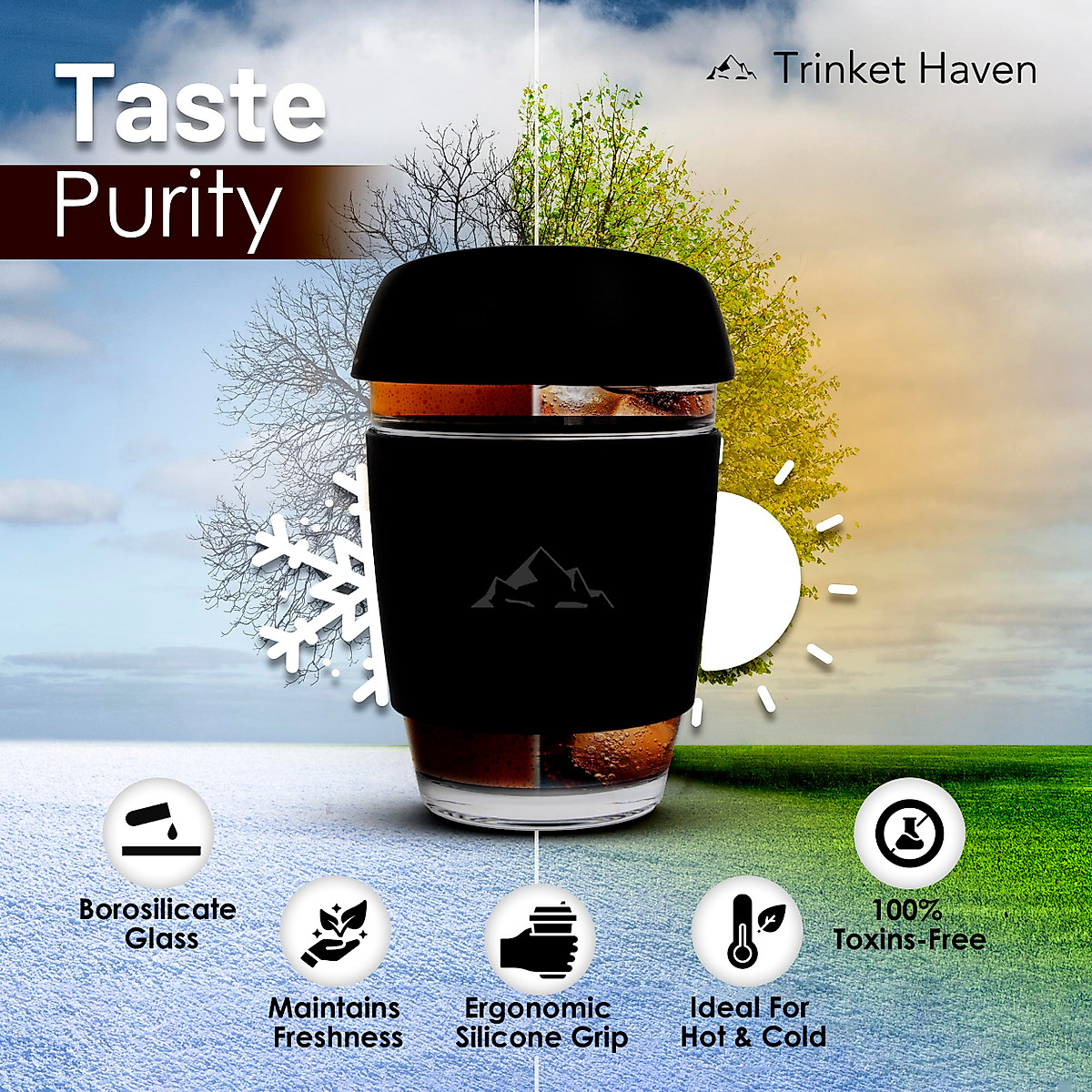 Haven Cup | Reusable Coffee Cup (Glass) | 12oz - Heat Resistant Glass | Coffee Tumbler with Silicone Sleeve and Leakproof Lid (Sip Lid) - Borosilicate Coffee Mug, Reusable Coffee Cup