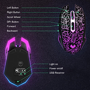 LuLabboard Wireless Gaming Mouse, Rechargeable Wireless Computer Mouse, 7-Color LED Light, Ergonomic Mouse with 6 Silent Click Buttons, 3 Adjustable 2400 DPI Wireless Mouse for Laptop,PC,Mac, Black